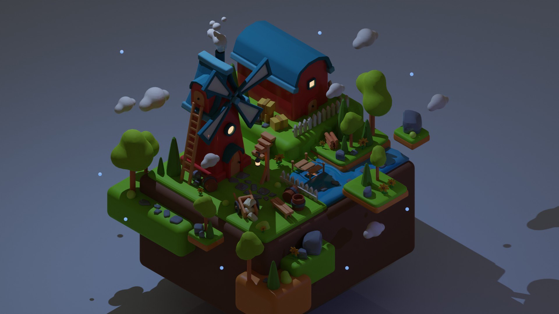 Stylized Land Platform Windmill Environment Game Ready Landscape Low ...