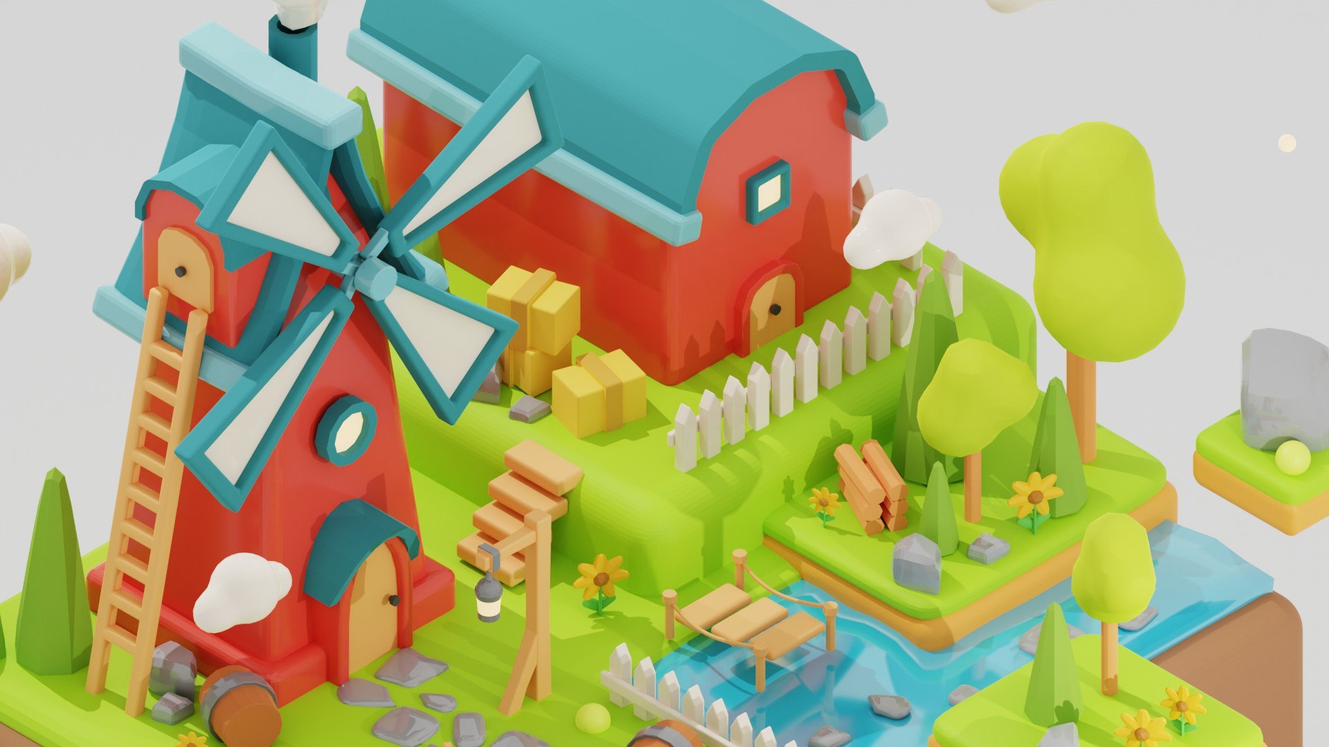 Stylized Land Platform Windmill Environment Game Ready Landscape Low-poly 3D Model 3D ...