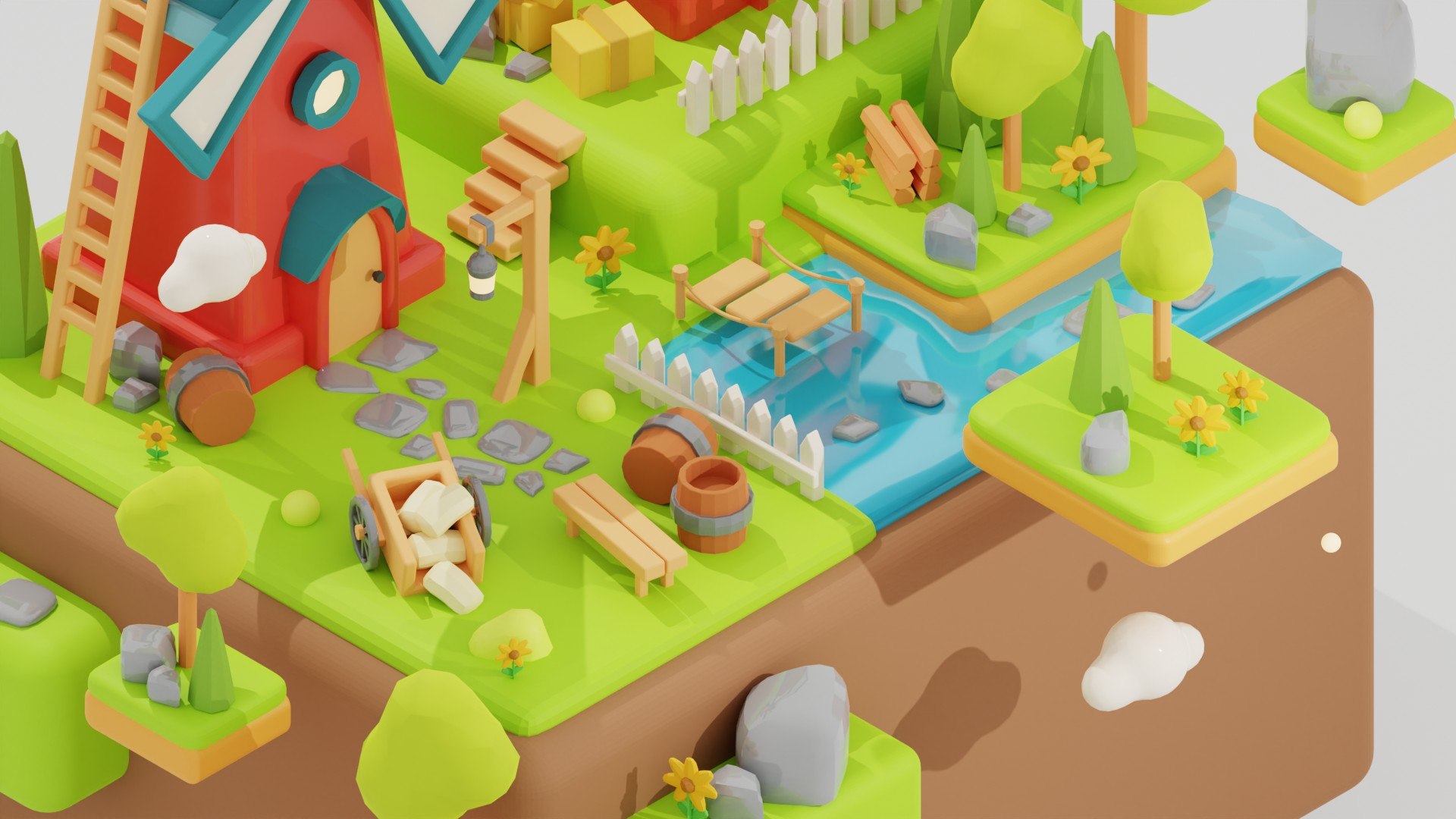 Stylized Land Platform Windmill Environment Game Ready Landscape Low ...