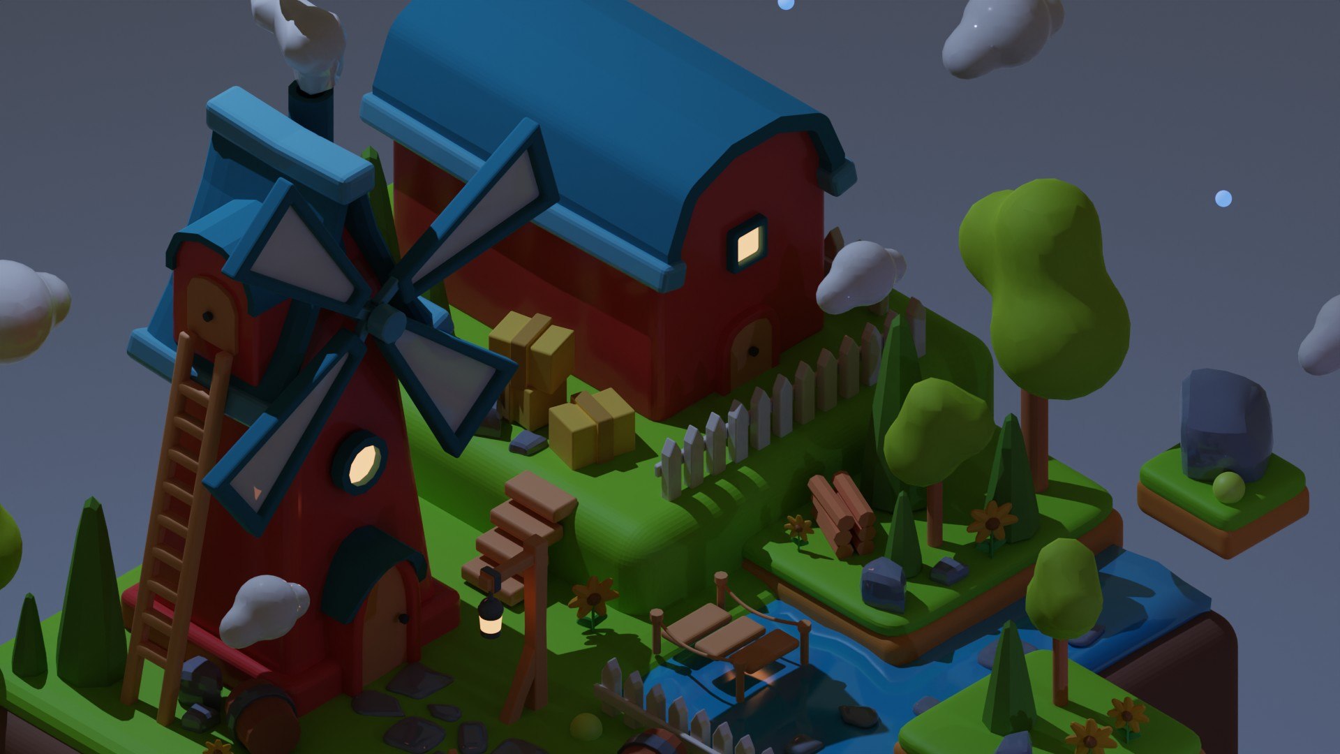 Stylized Land Platform Windmill Environment Game Ready Landscape Low ...