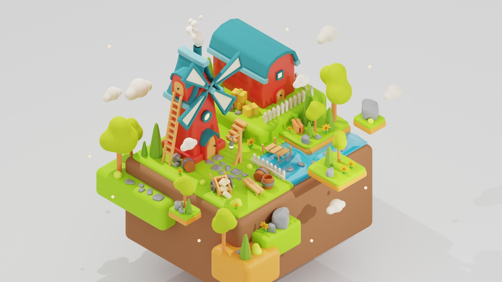 Stylized Land Platform Windmill Environment Game Ready Landscape Low ...