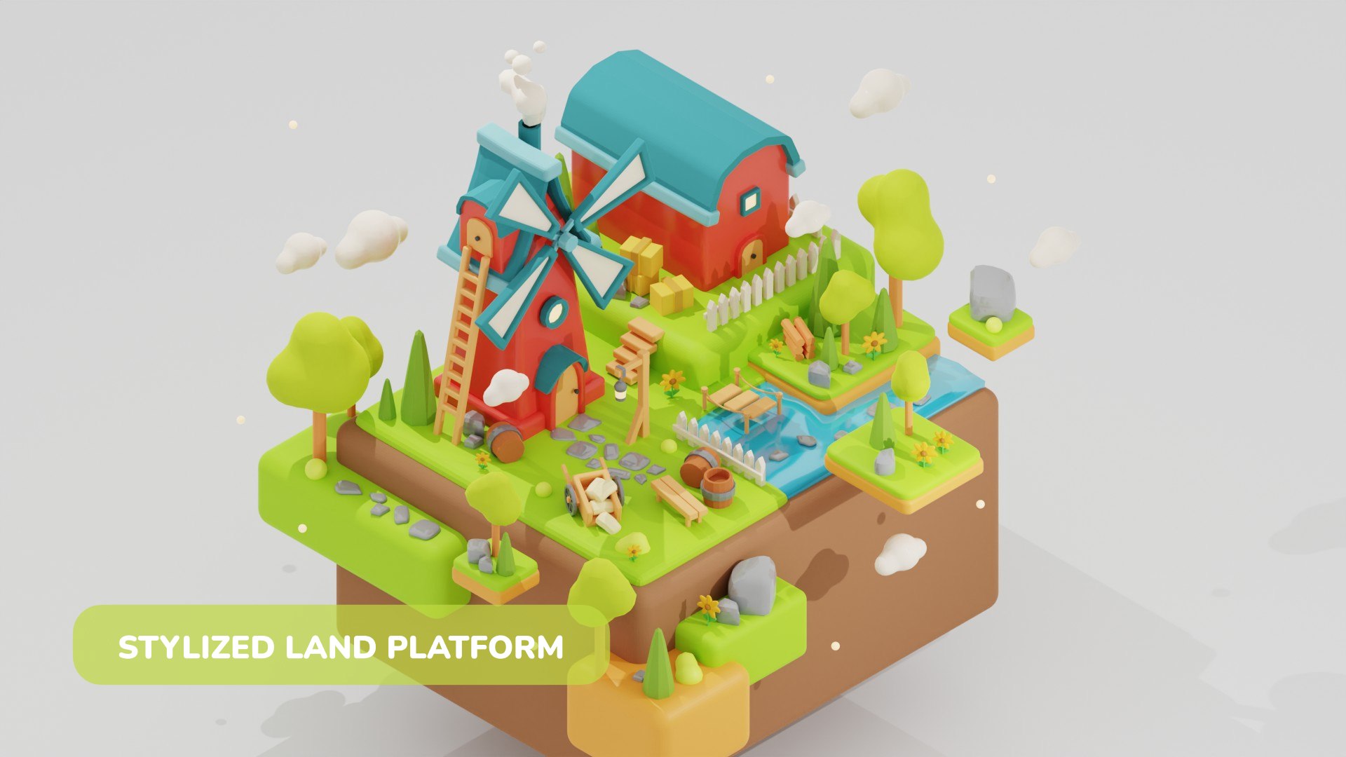 Stylized Land Platform Windmill Environment Game Ready Landscape Low ...
