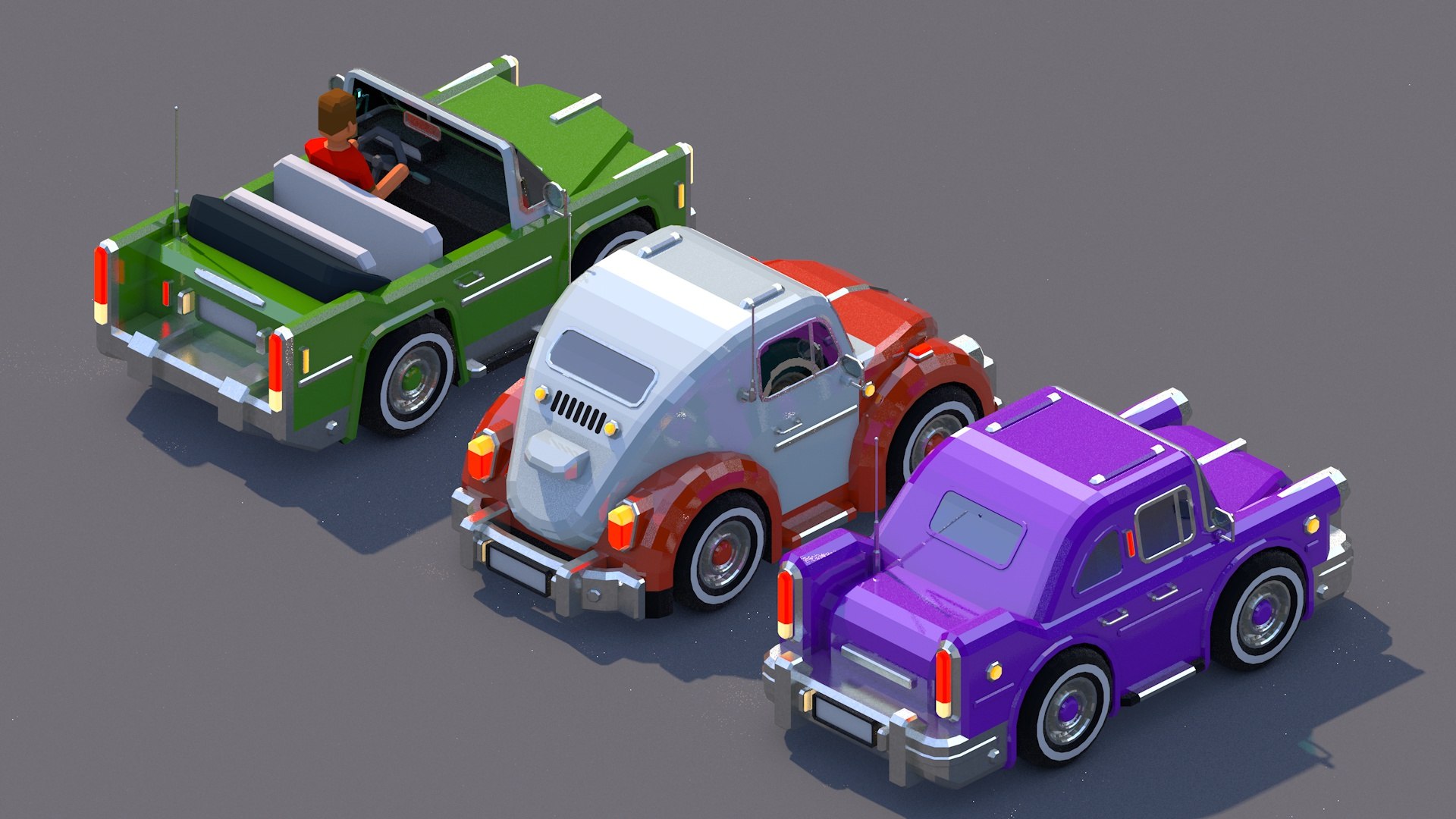 3D Three Cars - Purple - Red - Green model - TurboSquid 2127858