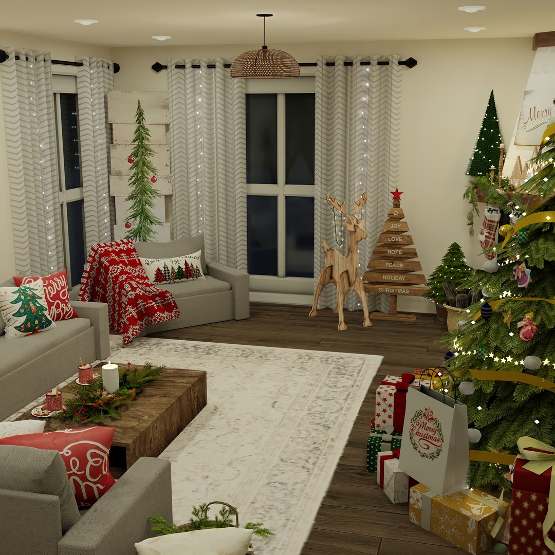 3D Christmas Living Room Blender Scene - DAY And NIGHT 2Versions Model ...