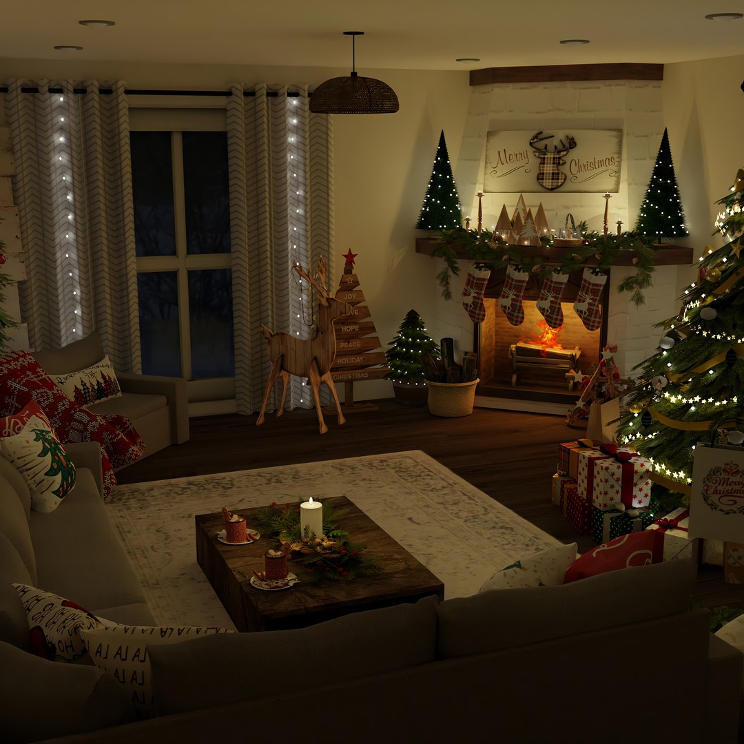 3D Christmas Living Room Blender Scene - DAY And NIGHT 2Versions Model ...
