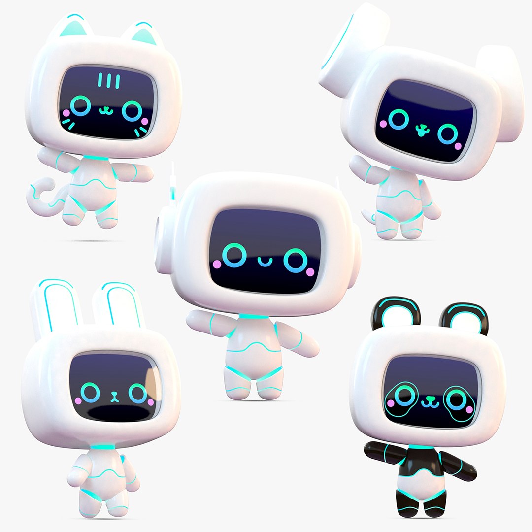 3D Cute Cartoon Robot Bunny Cat Dog Panda Animals Collection Pack ...
