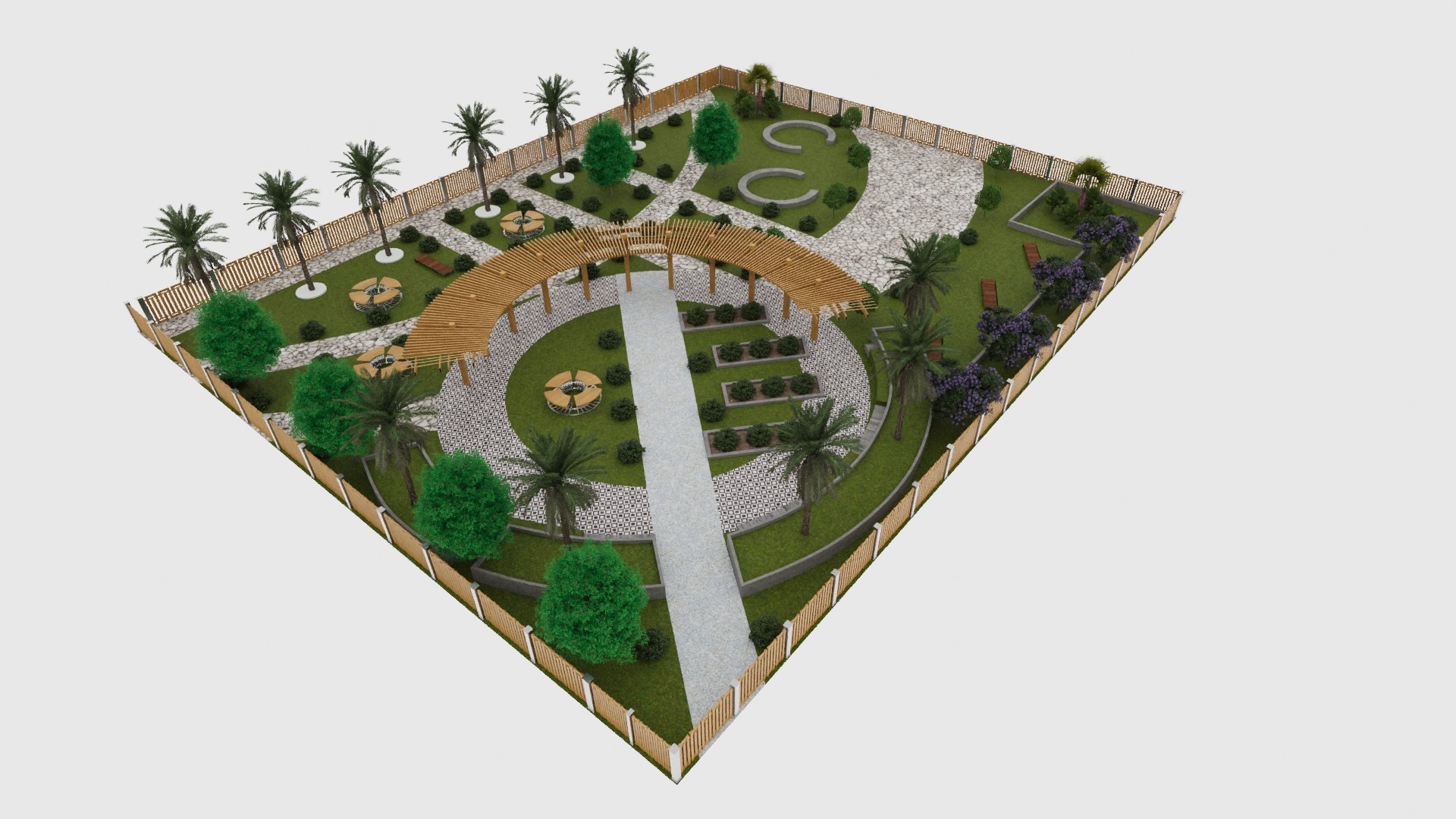 3D Model 3D Landscape Model With Palm Trees Greenery Pergola ...