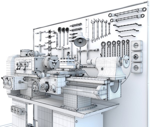 3D Lathe machine workbench workshop Industrial garage tools model ...