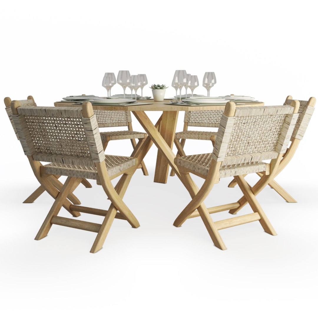 Wood And Rope Round Table And Folding Chairs Set AtelierS 3D ...