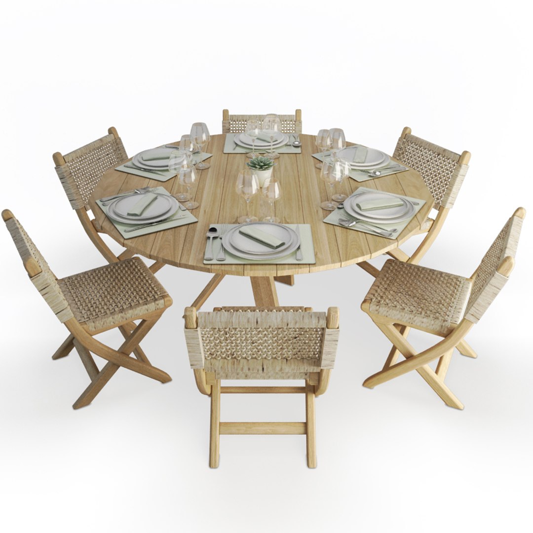 Wood And Rope Round Table And Folding Chairs Set AtelierS 3D ...