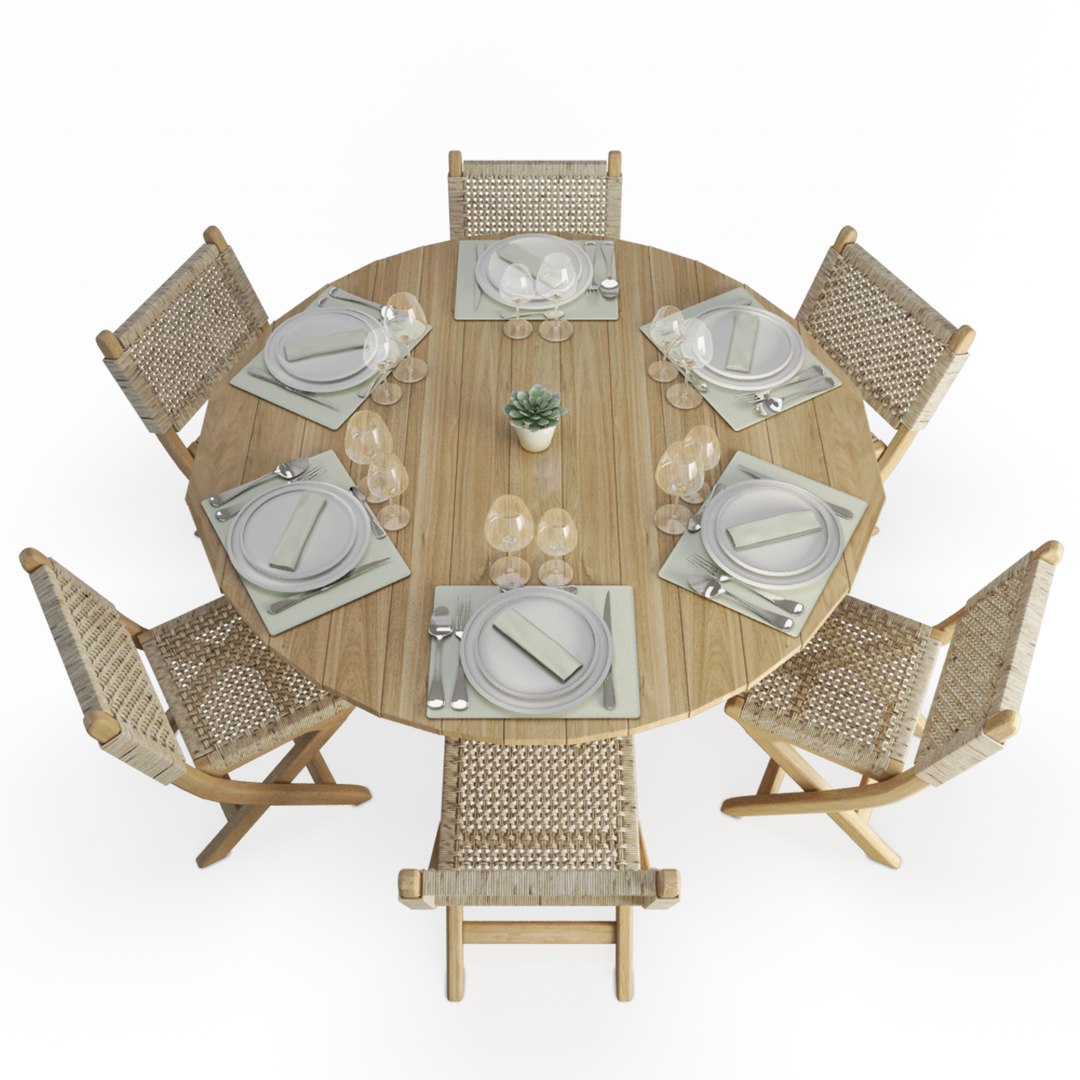 Wood And Rope Round Table And Folding Chairs Set AtelierS 3D ...