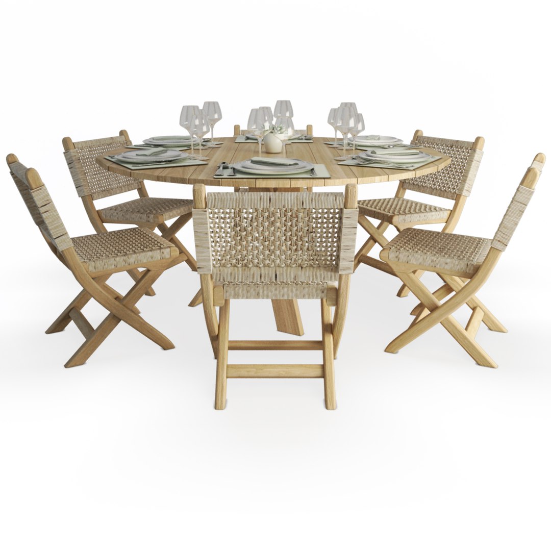 Wood And Rope Round Table And Folding Chairs Set AtelierS 3D ...