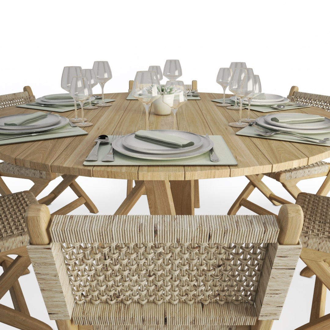 Wood And Rope Round Table And Folding Chairs Set AtelierS 3D ...