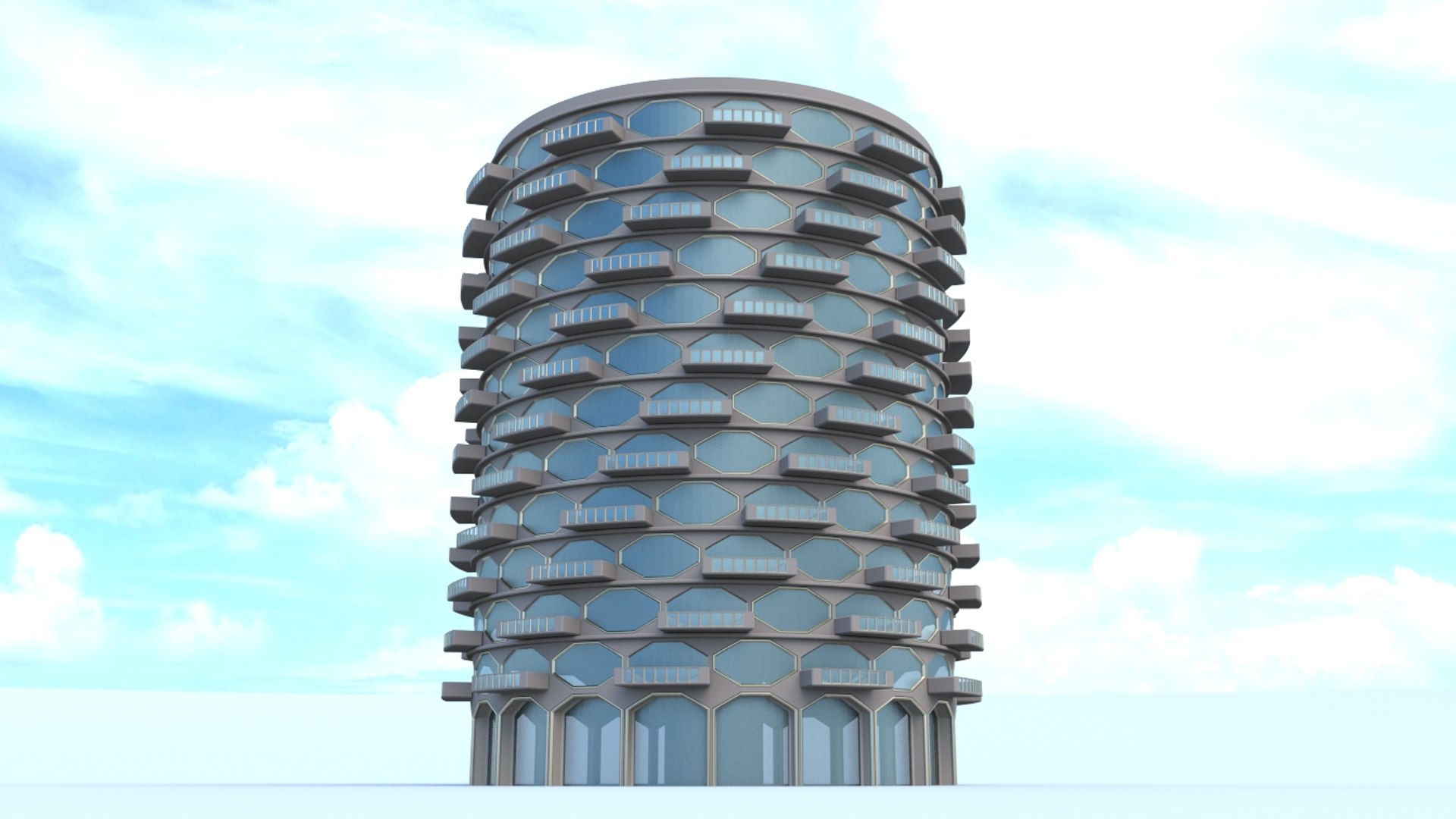 3d Model Building Hexagon Balconies