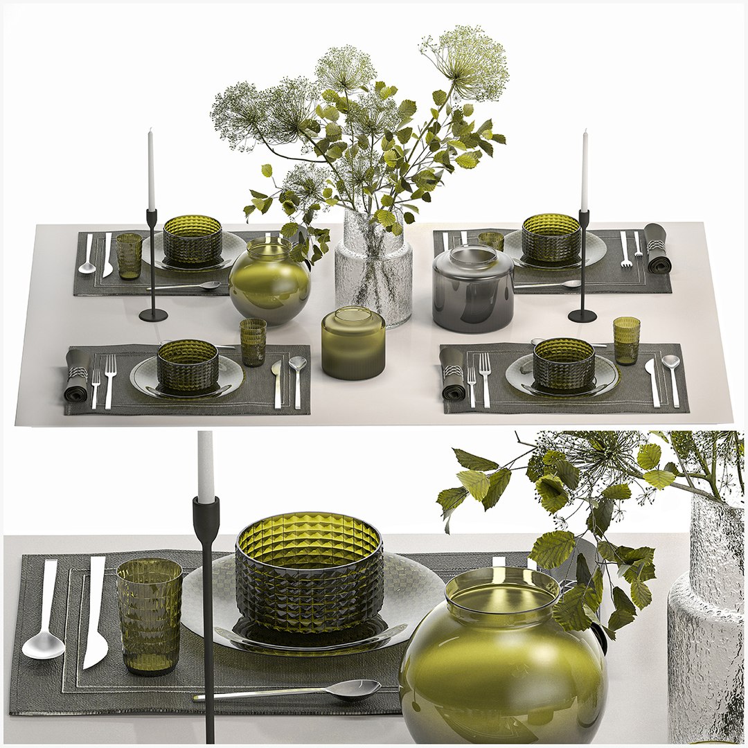 Stylish Table Setting For 4 Persons With A Bouquet 3D - TurboSquid 1903569