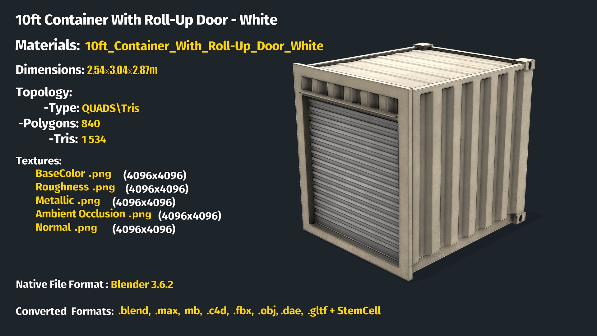 3D model 10ft Container With Roll-Up Door - White - TurboSquid 2149214