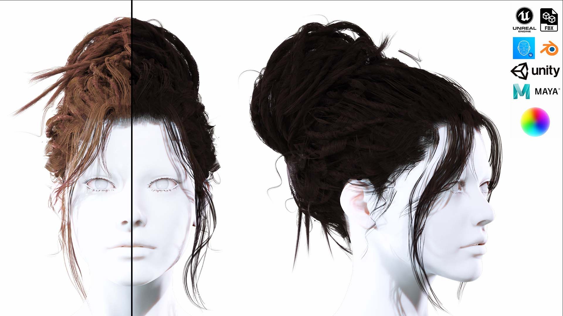 3D Realistic Female Curly Bun Hair model - TurboSquid 2133334