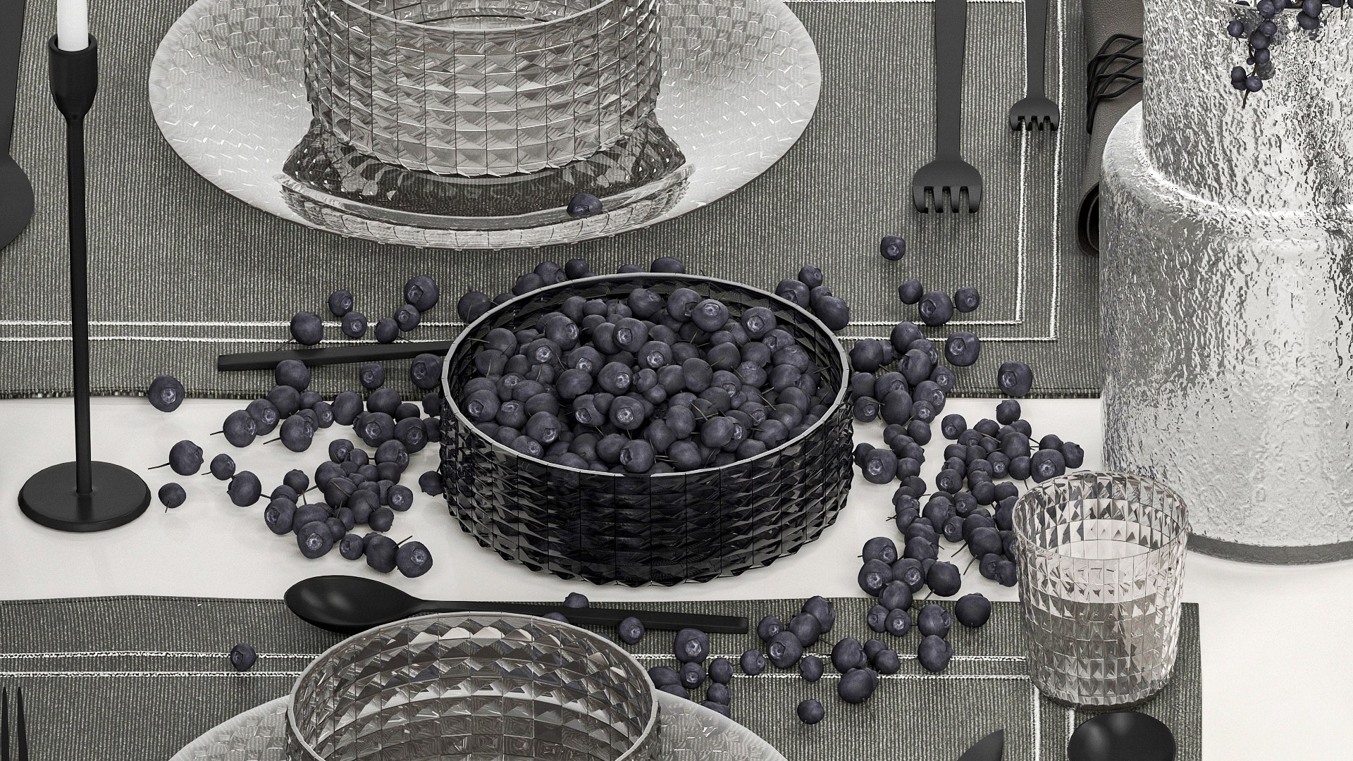 3D Table Setting With A Bouquet And Blueberries - TurboSquid 1905913