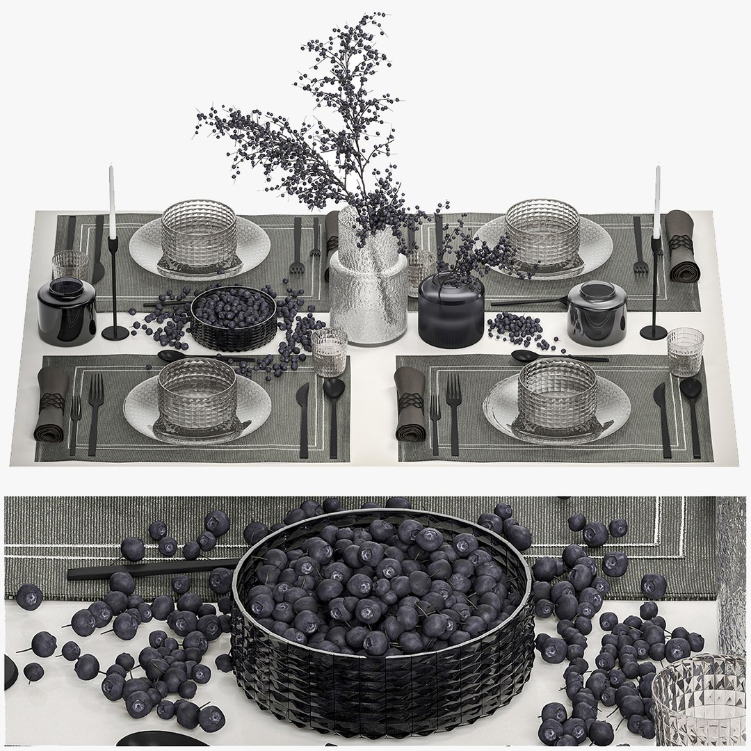 3D Table Setting With A Bouquet And Blueberries - TurboSquid 1905913