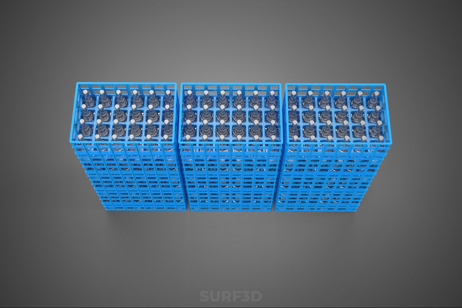 3D PACKED BLUE PLASTIC BOTTLE CRATES STACKED VERTICAL RACK TRAY BOX ...