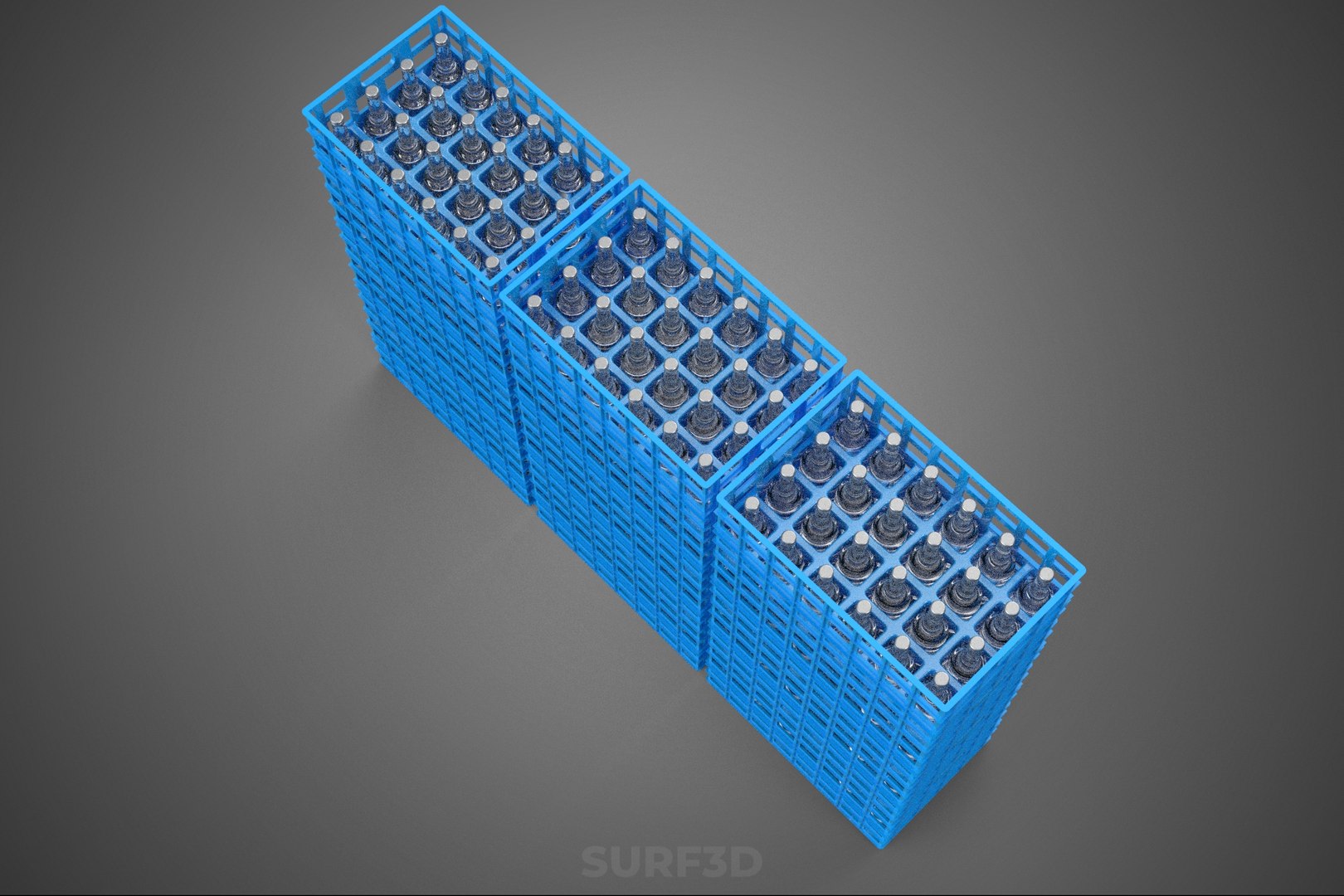 3D PACKED BLUE PLASTIC BOTTLE CRATES STACKED VERTICAL RACK TRAY BOX ...