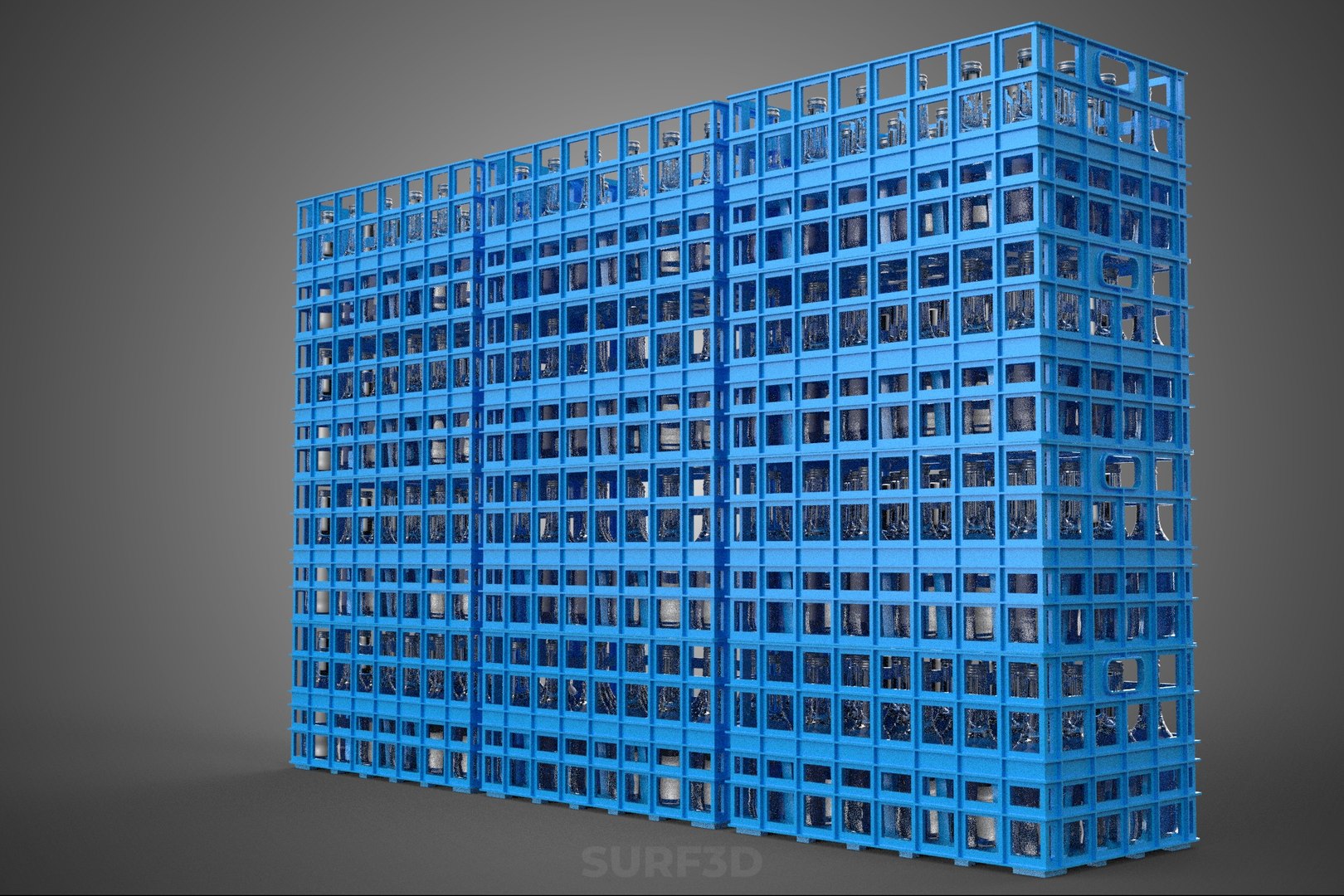 3D PACKED BLUE PLASTIC BOTTLE CRATES STACKED VERTICAL RACK TRAY BOX ...