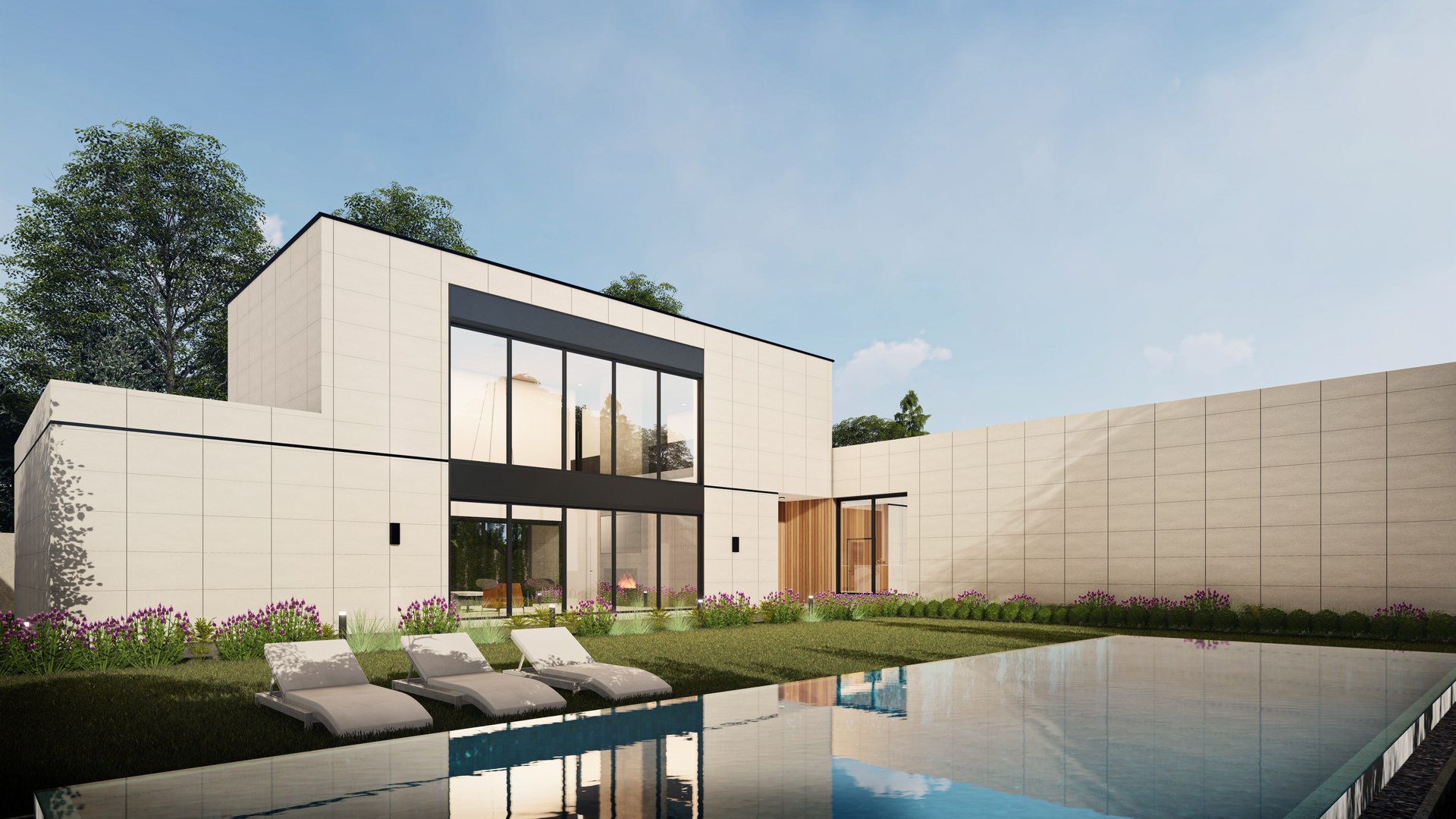 3D Modern House Exterior Scene with furniture - 2D drawing A1 size ...