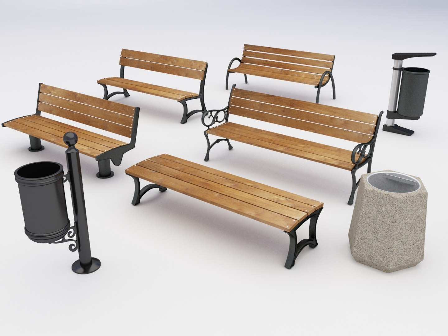 3d Model Park Benches Dustbins