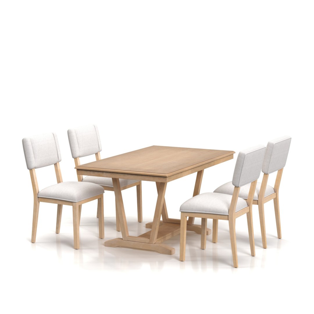 Solid Wood 5 Piece Dining Set With 4 Upholstered Chairs PBR 3D Model ...