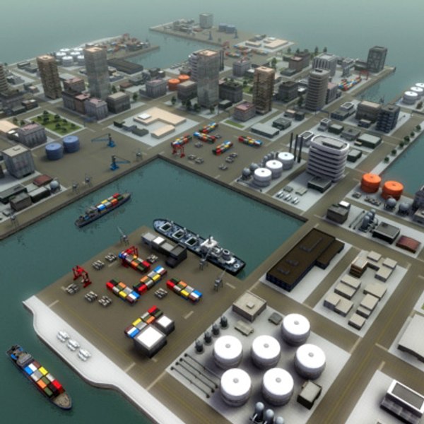 3d port harbour industrial ocean scene