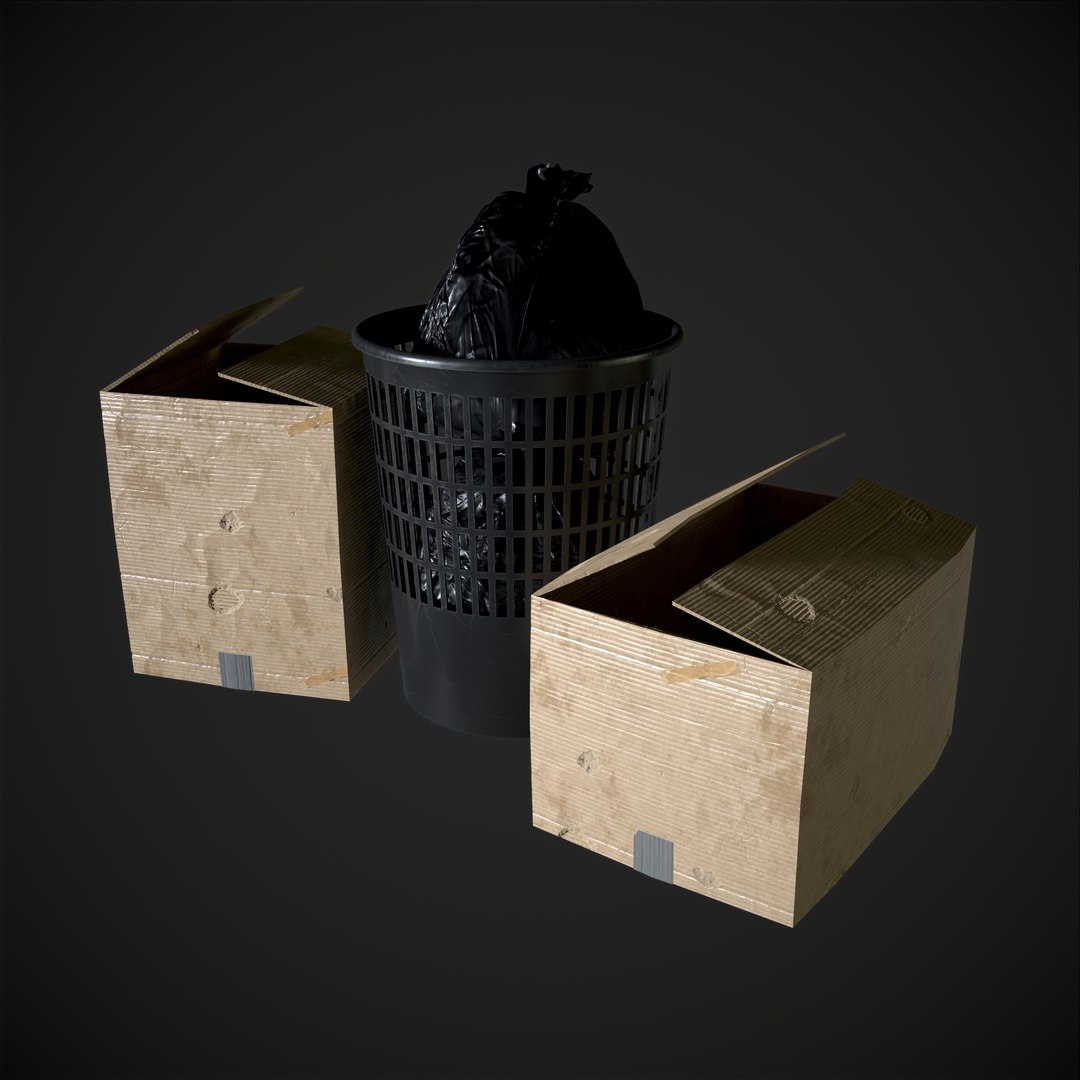 Trash Can And Carton Box Model - TurboSquid 2134576