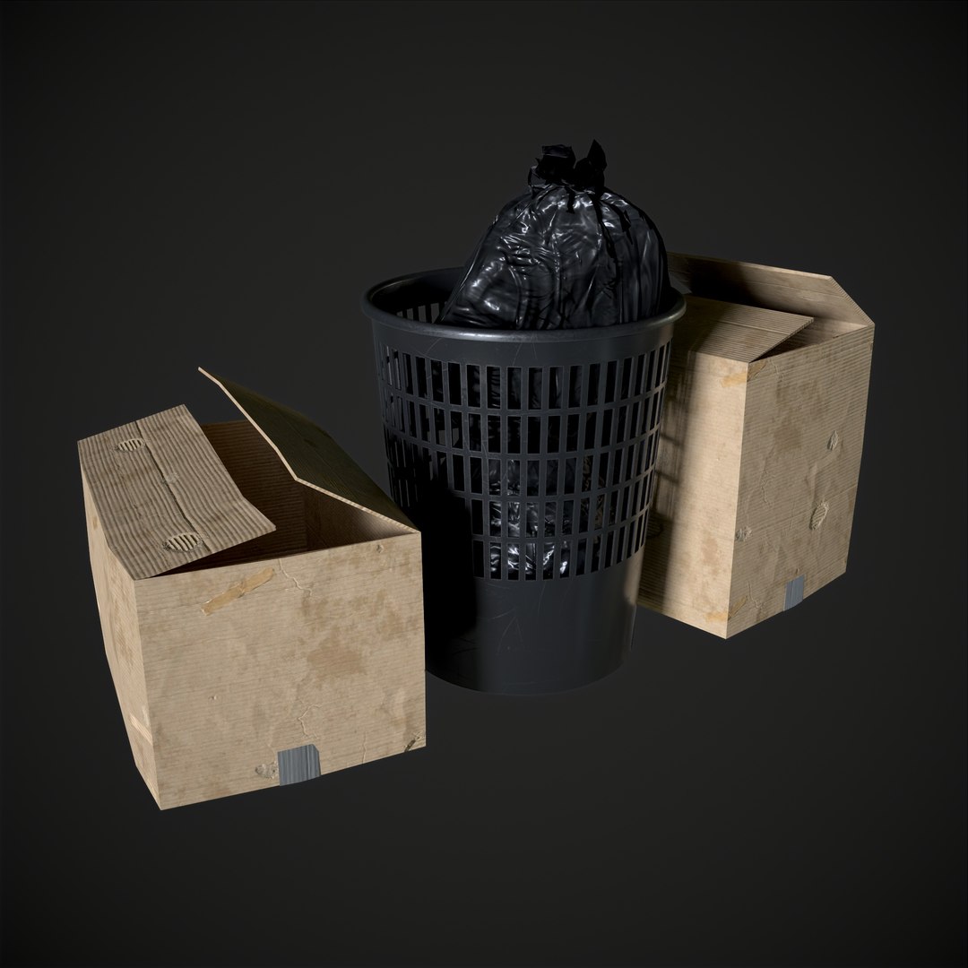 Trash Can And Carton Box Model - TurboSquid 2134576