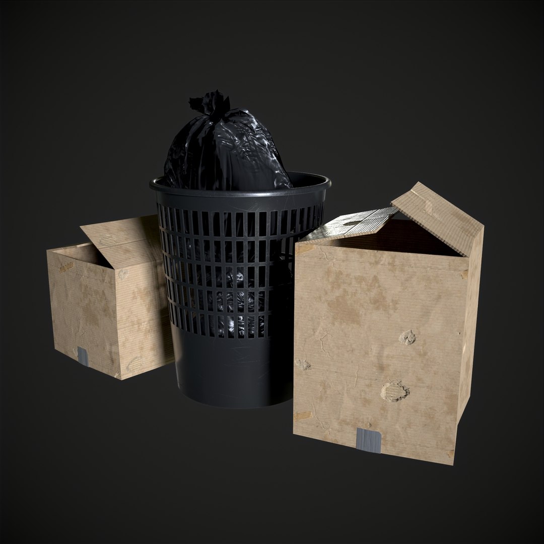 Trash Can And Carton Box Model - TurboSquid 2134576