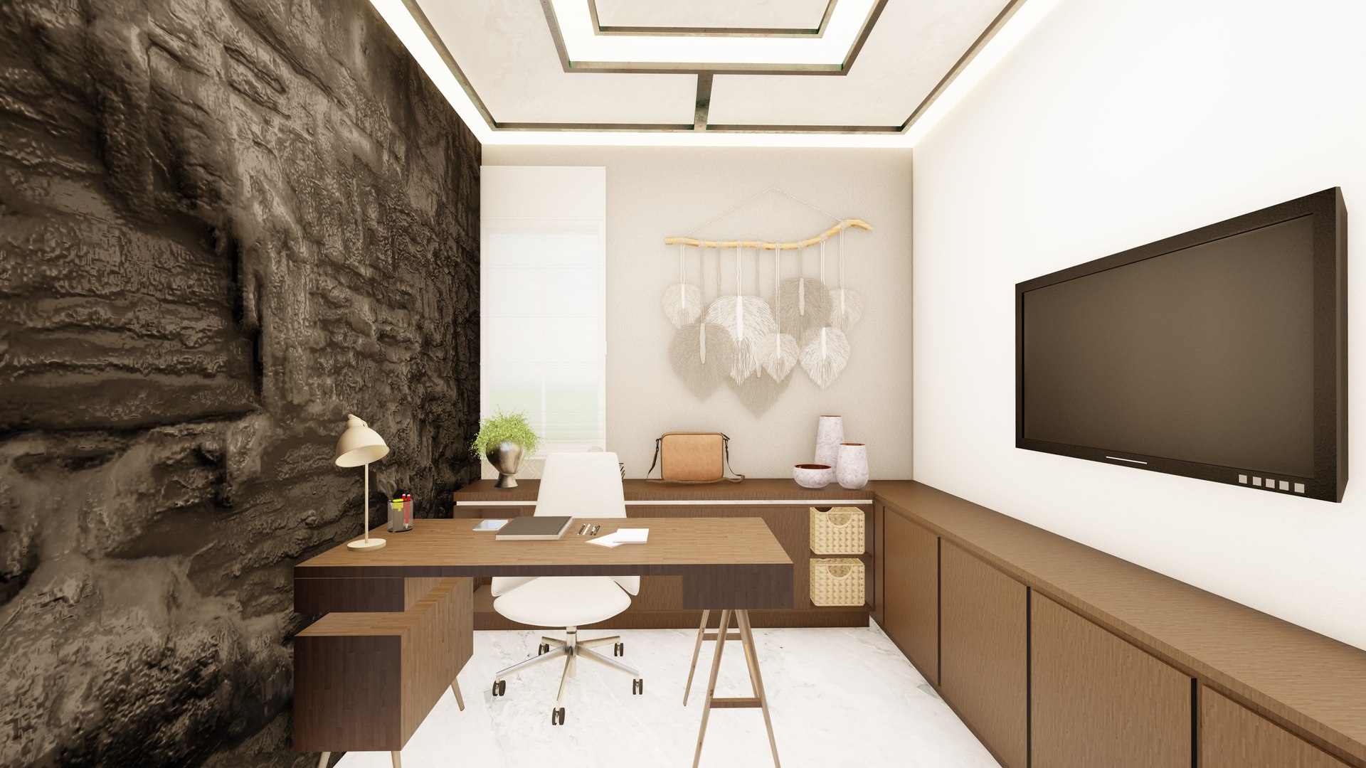 Modern matte black study room interior with natural stone wall 3D ...