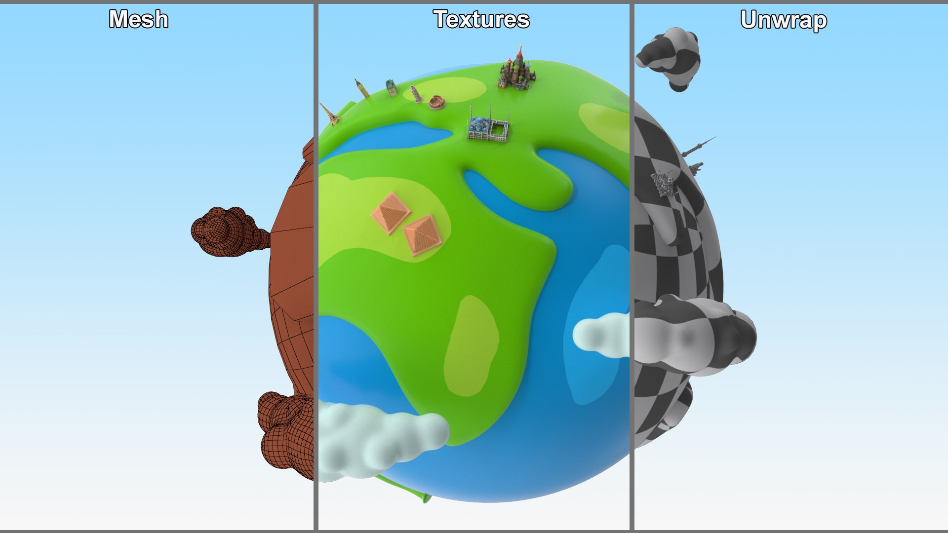 3D Cartoon Earth With Landmarks And Clouds Model - TurboSquid 2412709
