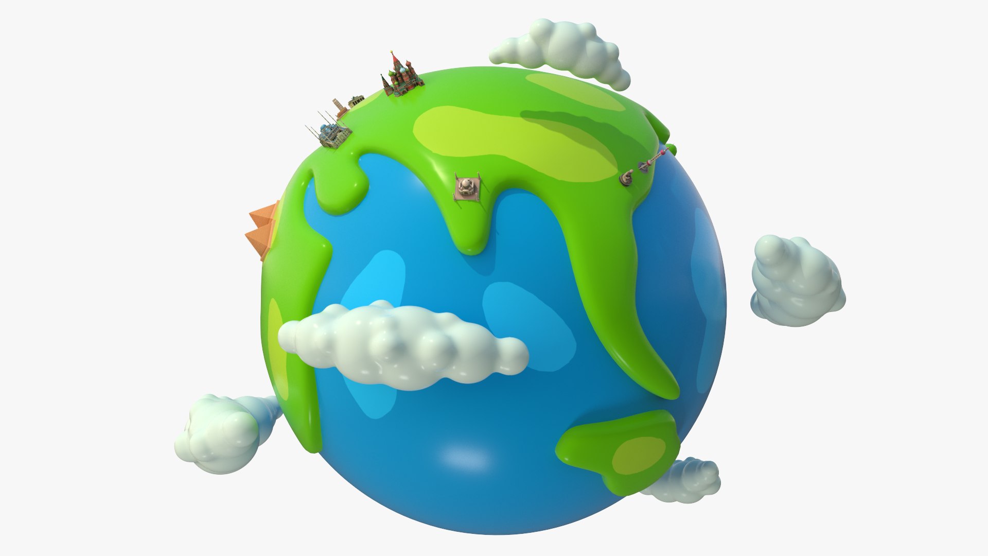 3D Cartoon Earth With Landmarks And Clouds Model - TurboSquid 2412709