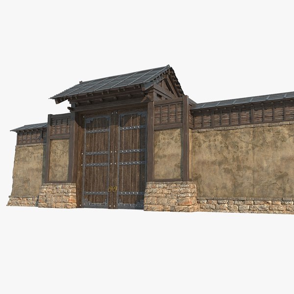 3D модель Деревянные плиточные ворота двора древней азиатской ...