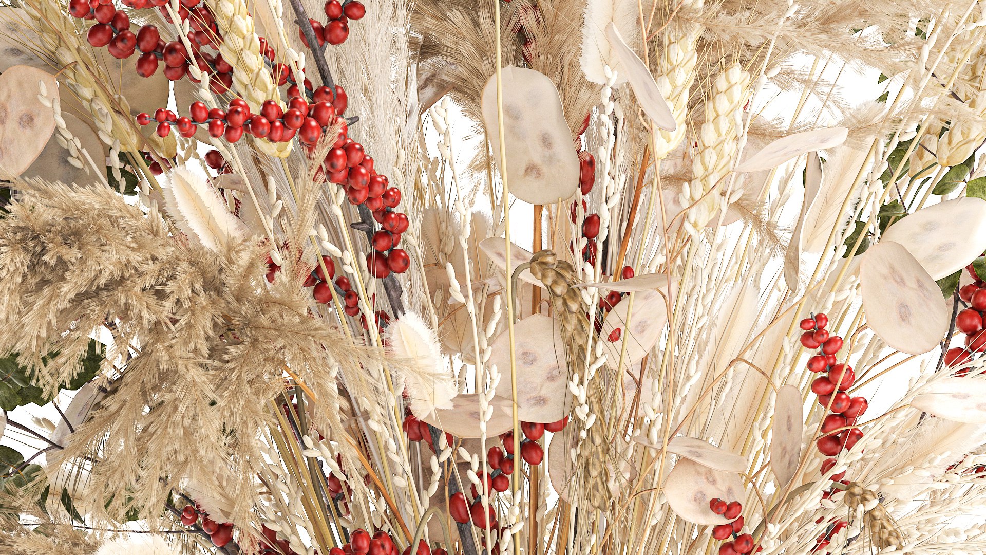 3D bouquet of dried flowers vase reed grass branches Red berries 314 ...