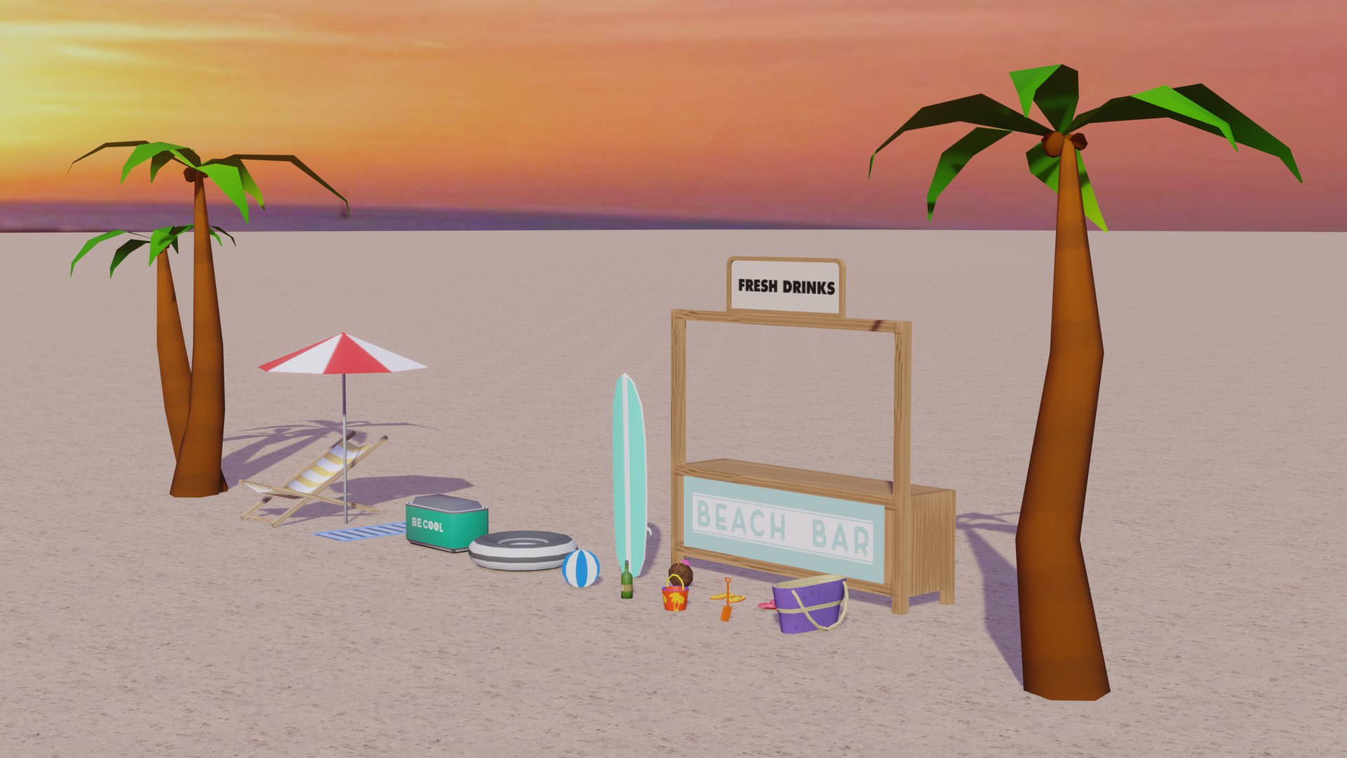 3D Low Poly Beach Set Game Ready Low-poly 3D Model Model - TurboSquid ...