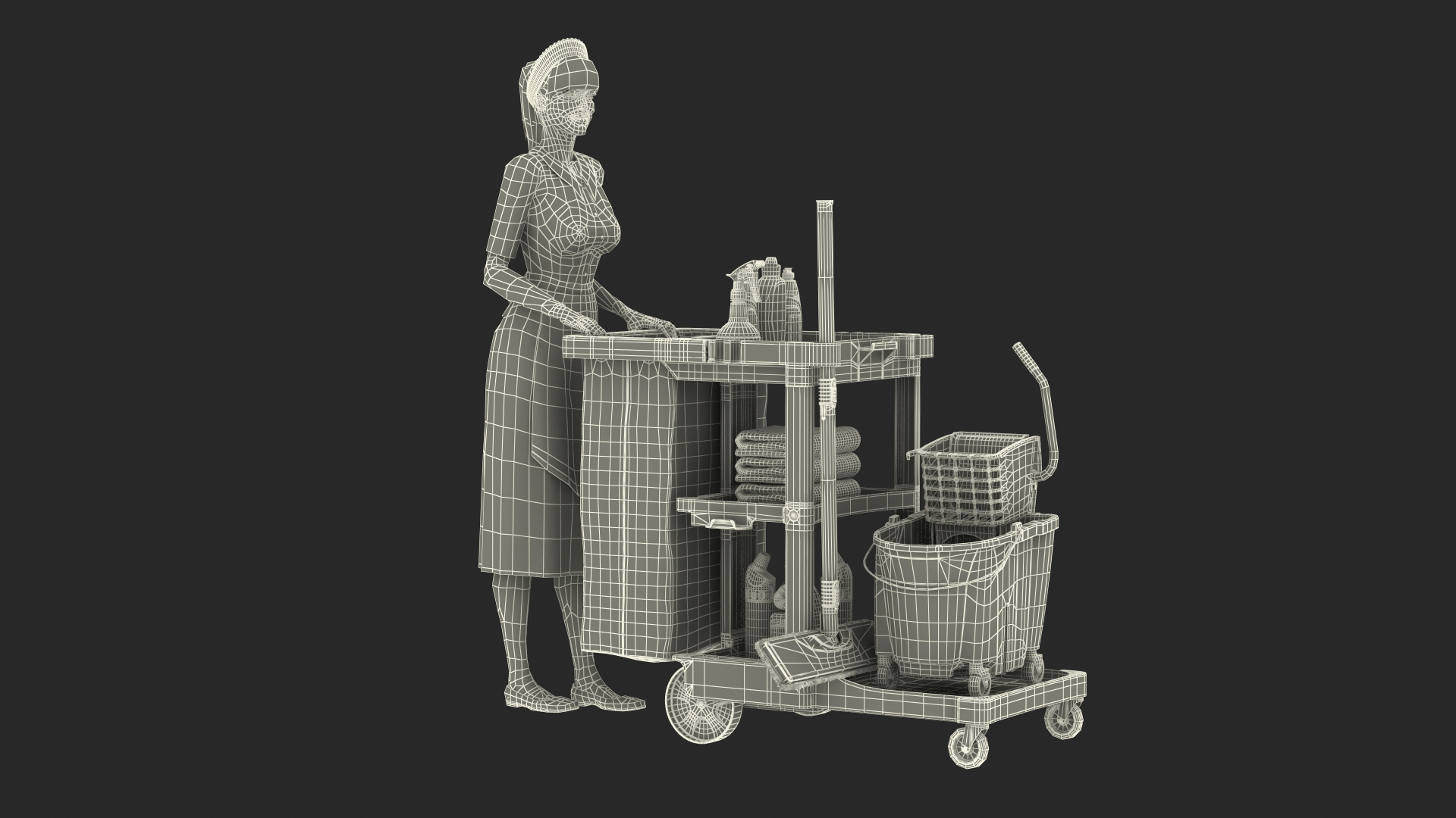3D Housekeeping Maid With Multi Shelf Cleaning Cart Rigged Fur For ...