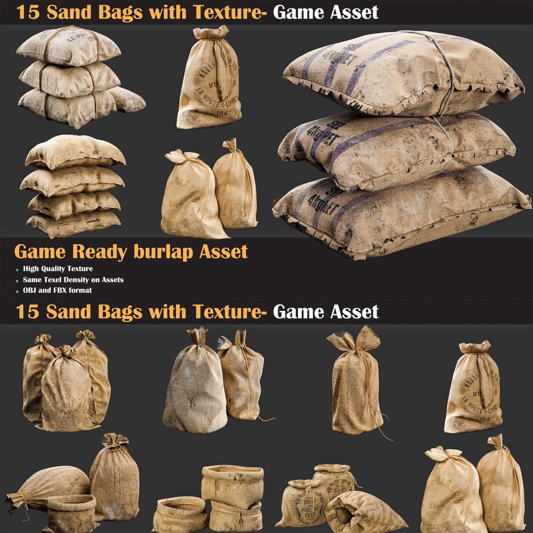modelo 3d 15 bolsas de arena con textura - Game Asset - TurboSquid 2255216