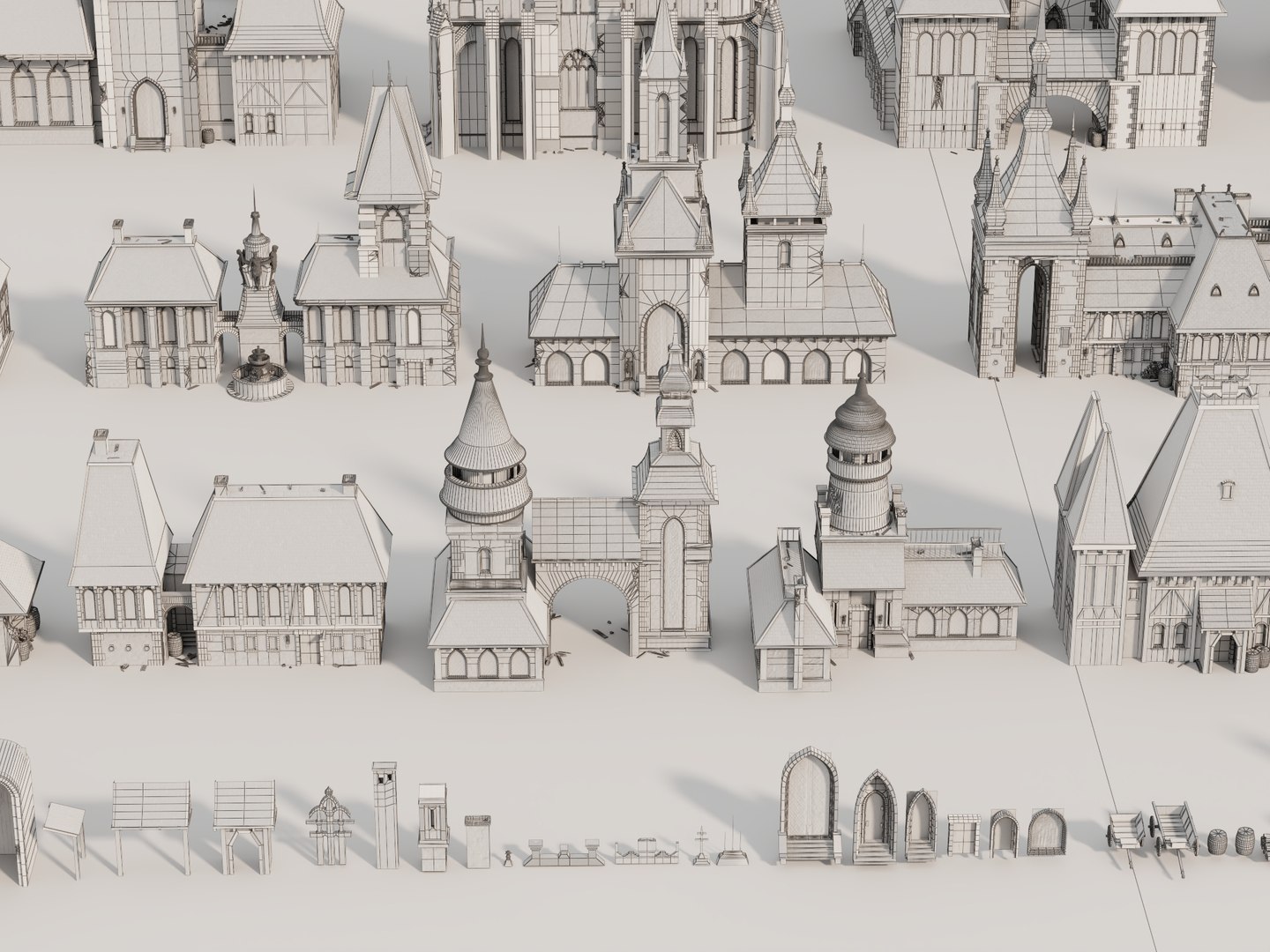 3D Medieval Gothic Cathedral Village Pack Modular Buildings Model ...