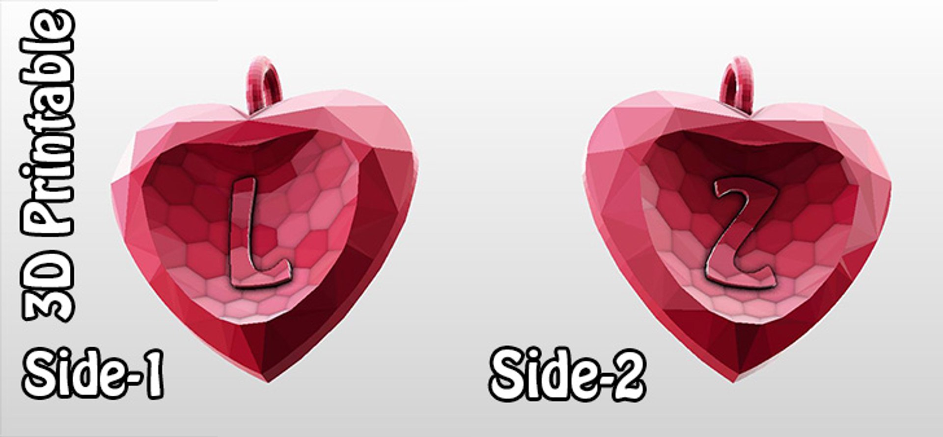 3d model of 3d-printable valentine crystal-heart-twoletters pendant