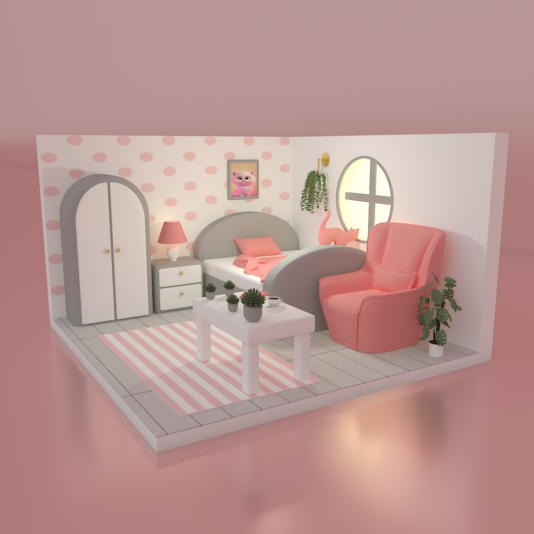Isometric Pink Bedroom 3D Model - TurboSquid 2113008