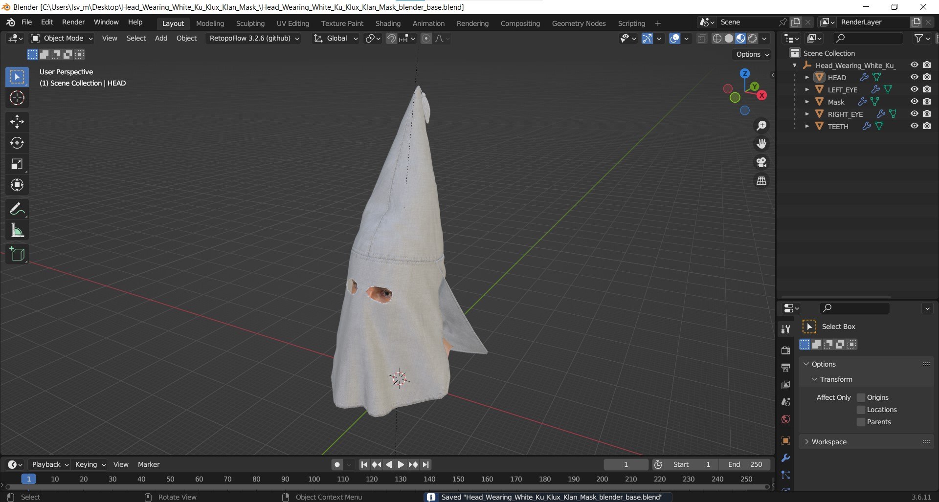 3D Model Head Wearing White Ku Klux Klan Mask - TurboSquid 2349850