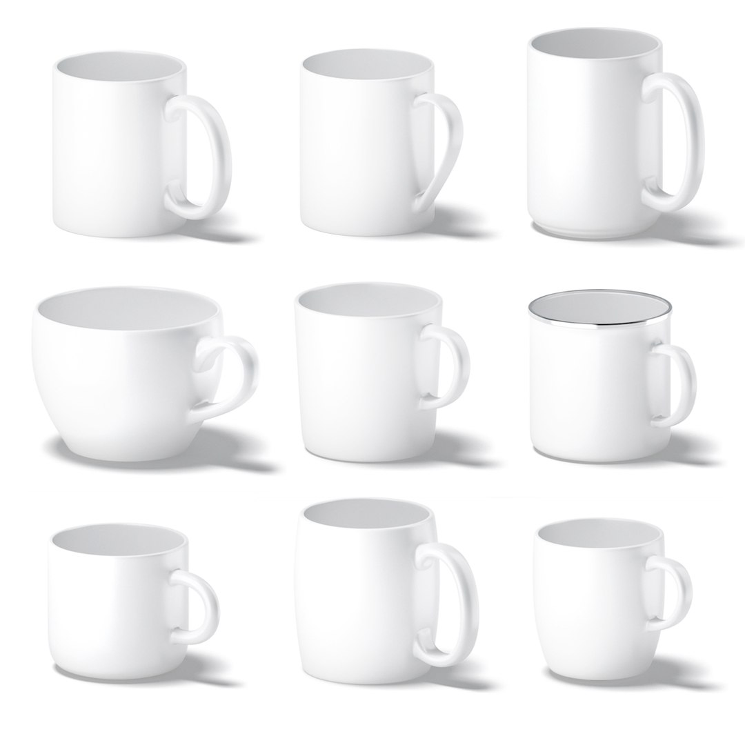 3D 10 Ceramic Mugs Shapes - White Mugs Various Forms And Sizes ...