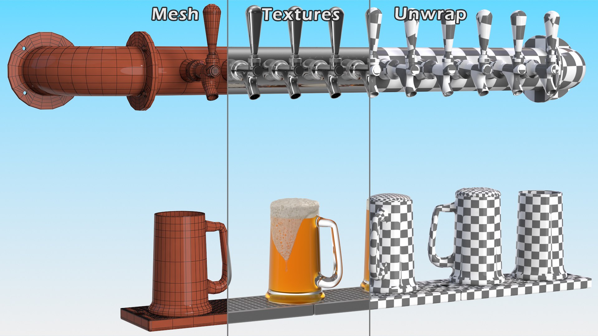 3D Wall Mount Rail Draft Beer Tower with Beer Mugs - TurboSquid 1777326