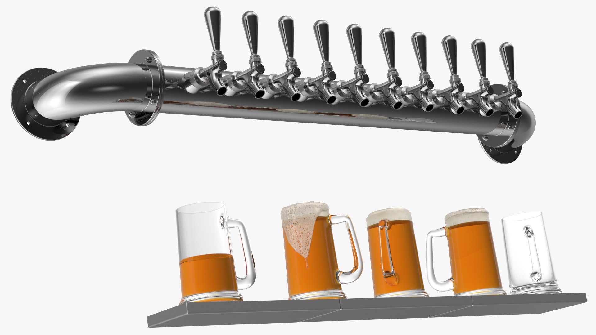 3D Wall Mount Rail Draft Beer Tower with Beer Mugs - TurboSquid 1777326