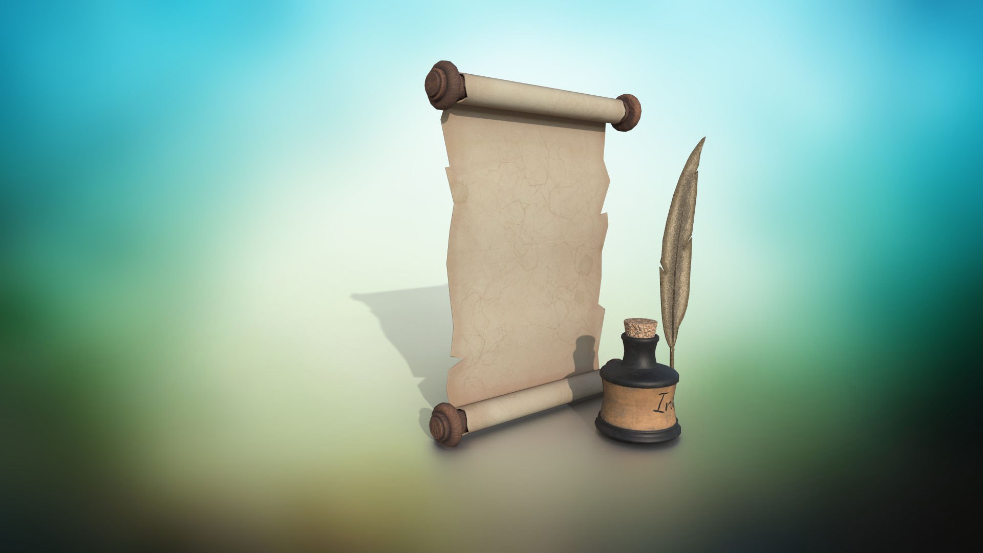 3D Model Set Of Scroll And Inkwell With Stopper And Quill PBR Low-poly ...