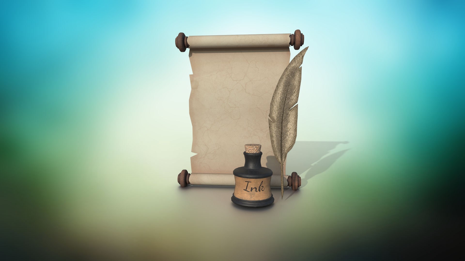 3D Model Set Of Scroll And Inkwell With Stopper And Quill PBR Low-poly ...